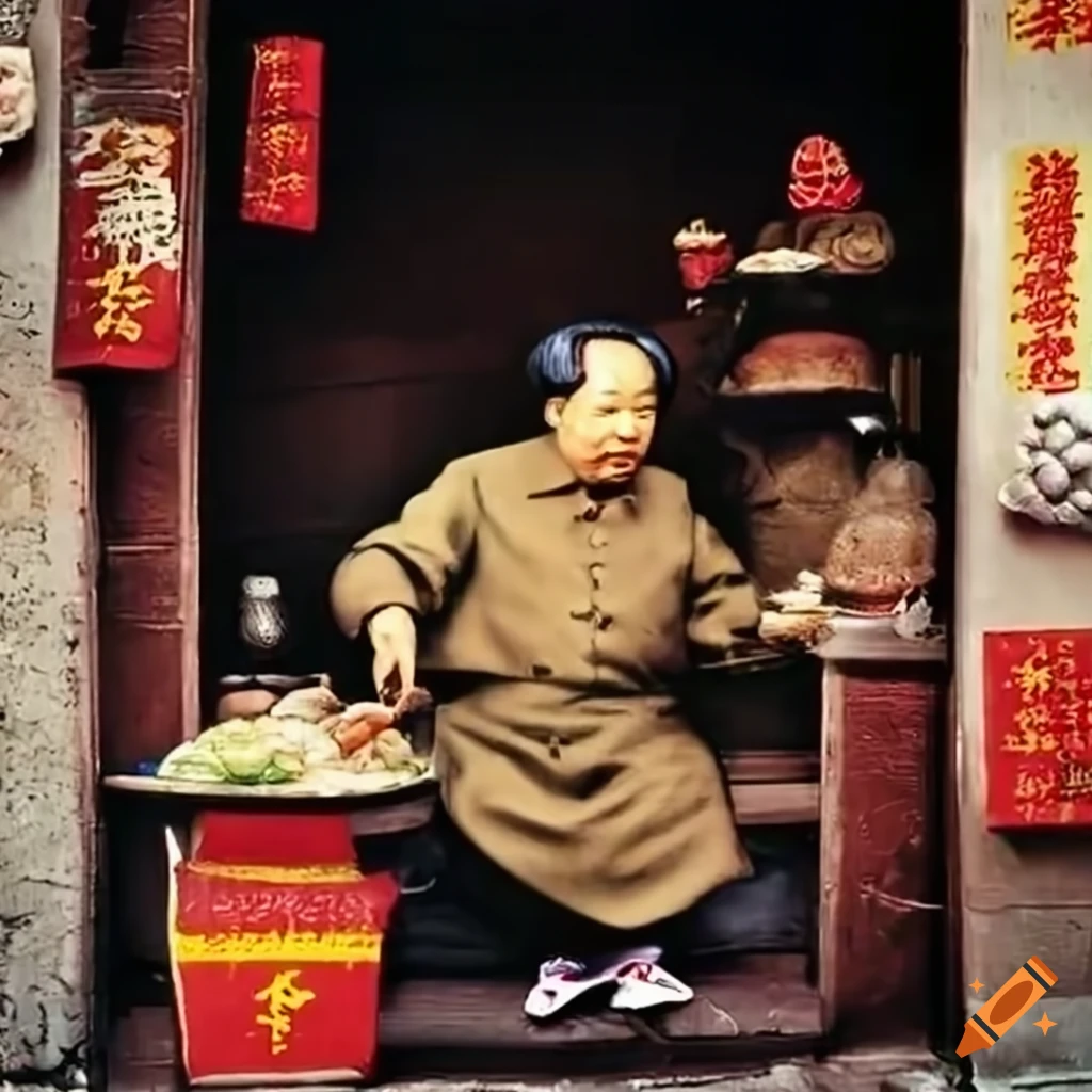 Satirical illustration of mao zedong selling food