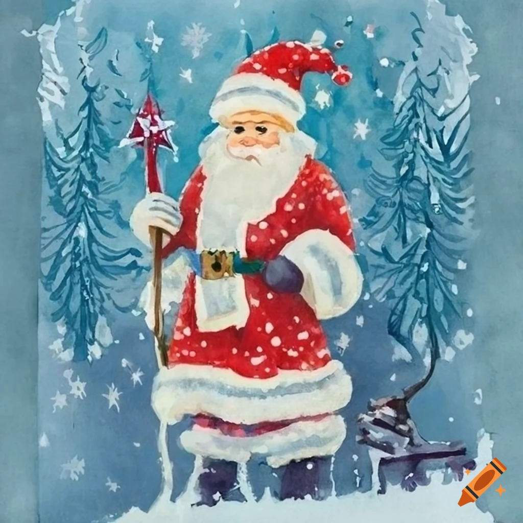 Watercolor christmas card with soviet style father frost