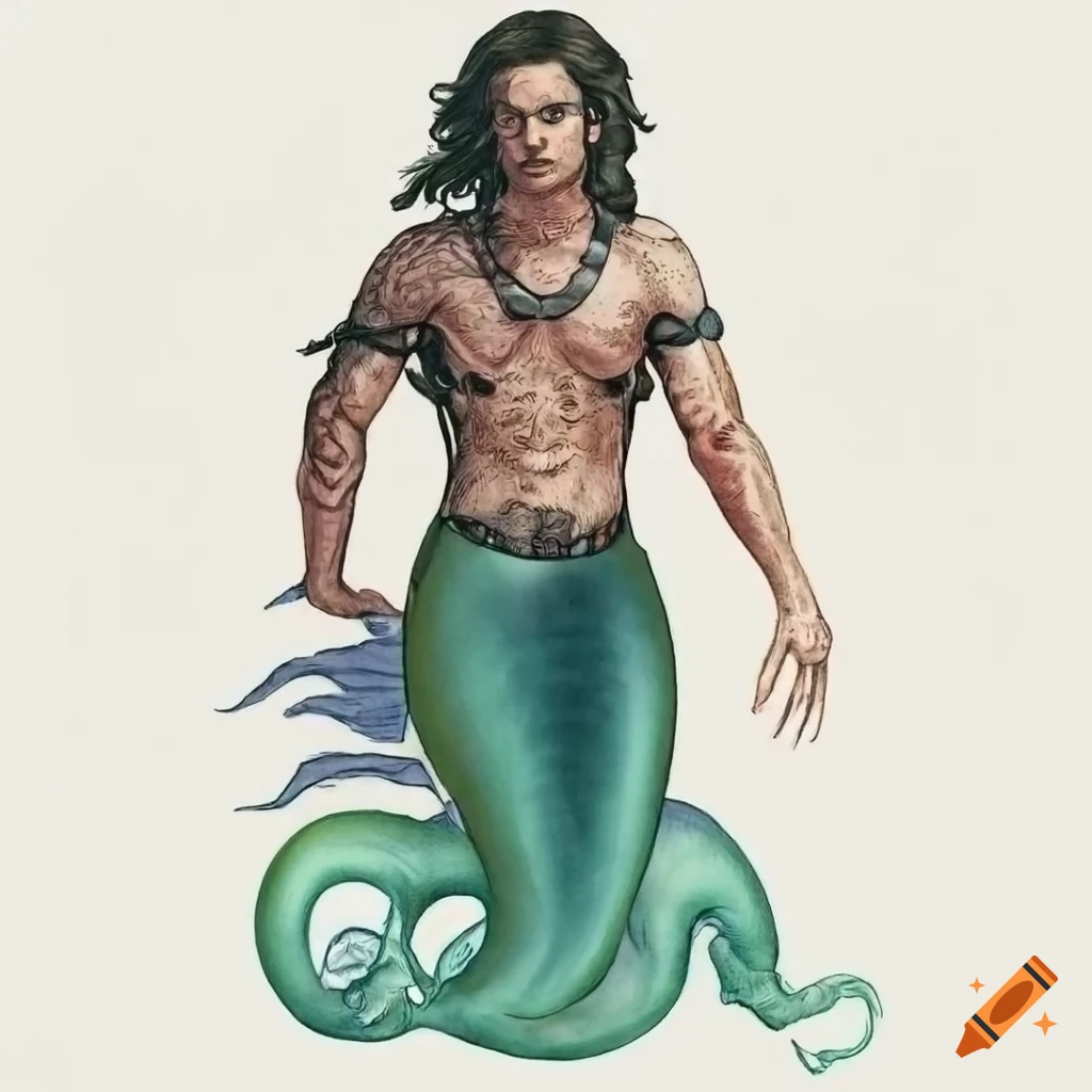 Etching of a merman wearing a black harness on Craiyon