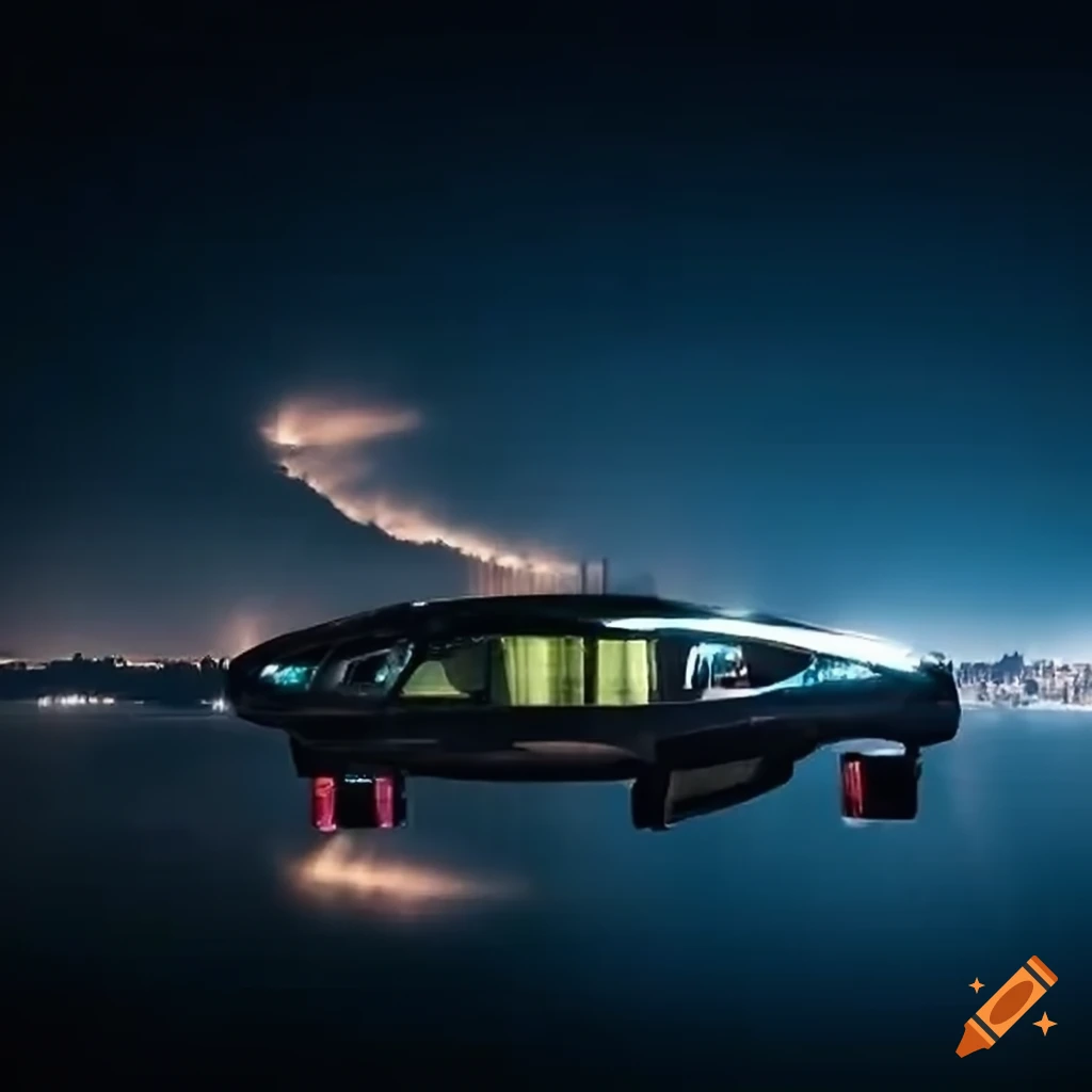 Hovercraft flying at dawn over stormy waves with a pilot officer on Craiyon