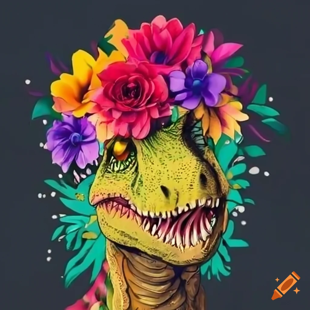 Illustration of a cute t-rex wearing a flower crown on Craiyon