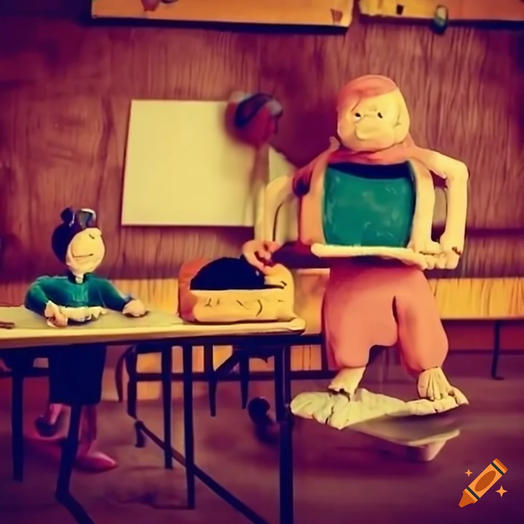 Vintage claymation character teaching in classroom on Craiyon