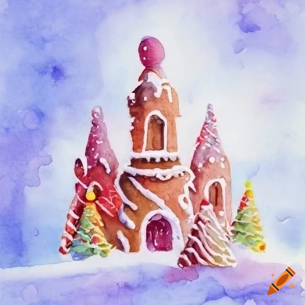 Watercolor gingerbread castle in a snowy forest