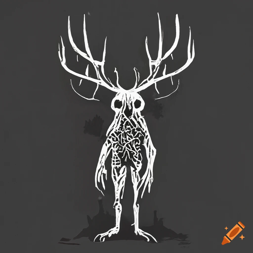 Minimalist black and white linocut print of a wendigo on Craiyon