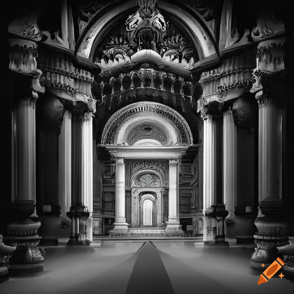 Impressive black and white concept art of a palace entrance on Craiyon