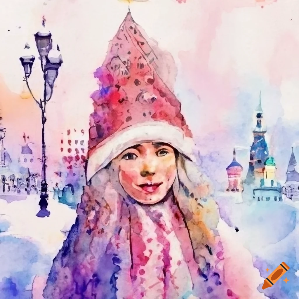 Watercolor illustration of a russian style christmas card with snow ...