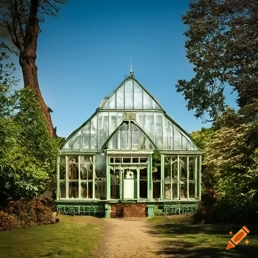 Exterior photo of a victorian greenhouse on Craiyon
