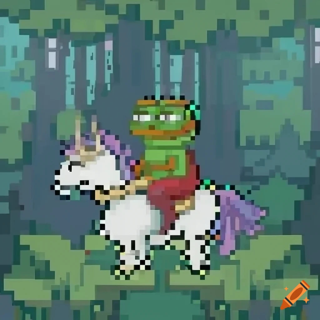 Pixel art of pepe the frog riding a unicorn in a forest on Craiyon