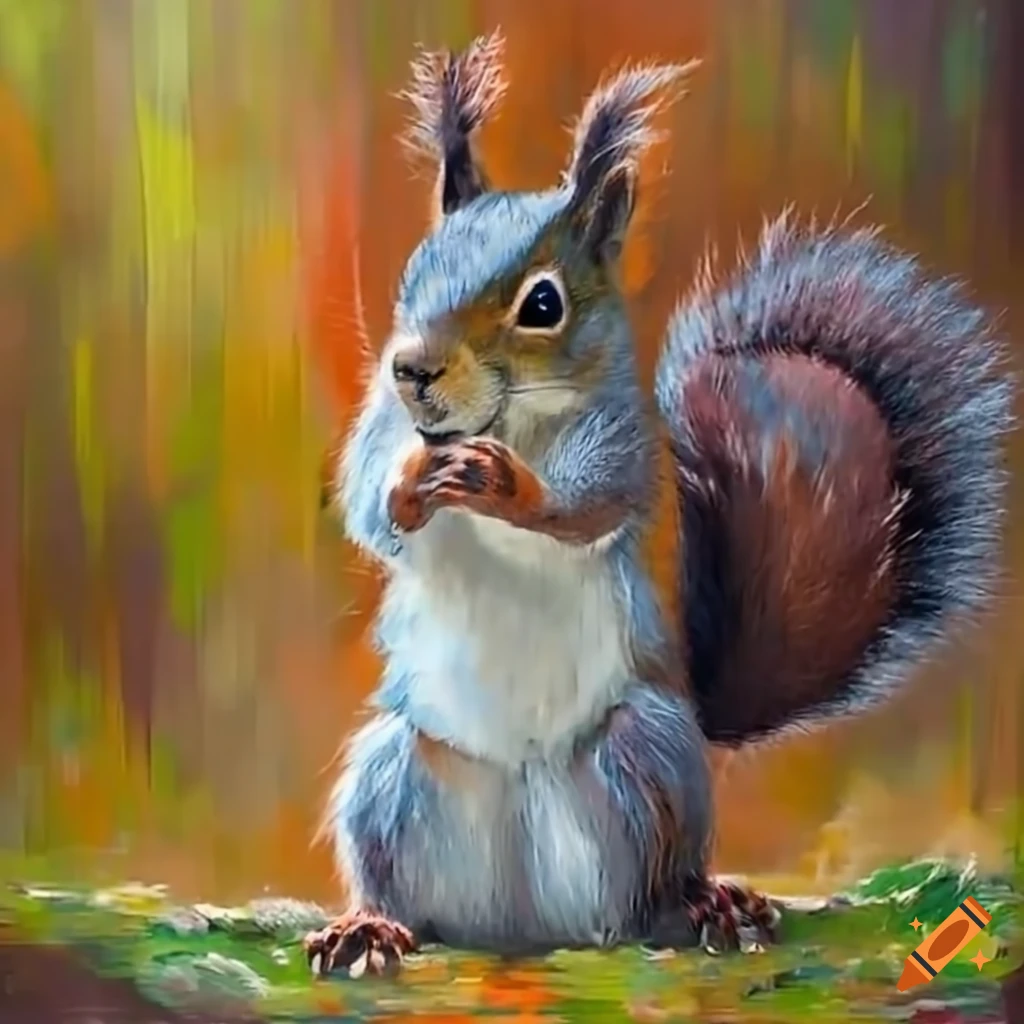 Squirrel and snail playing chess on a cliff edge in an oil painting on ...