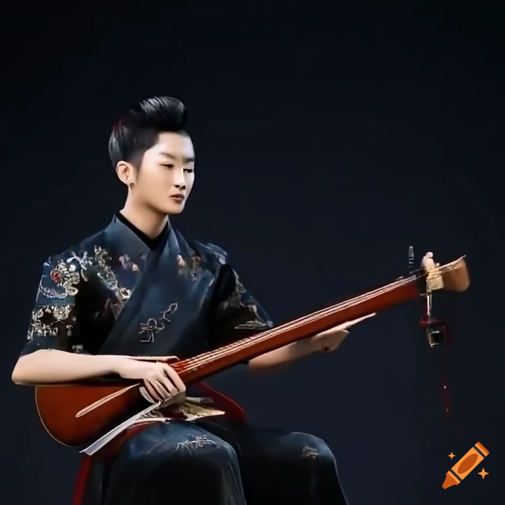 Detailed 3D render of a person playing a traditional Chinese instrument ...
