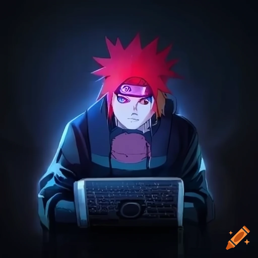 Naruto working on a laptop in a modern setting