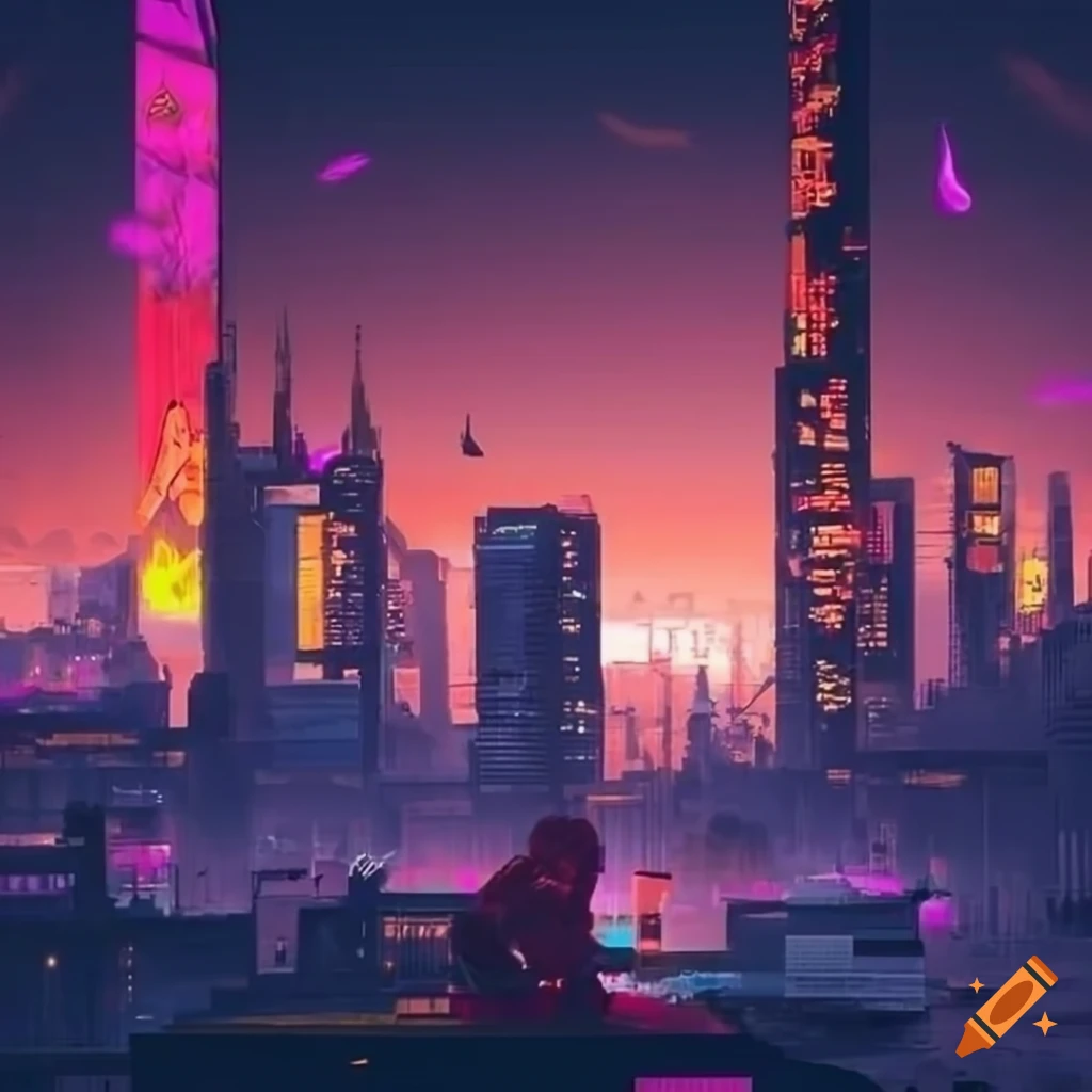 Sunset in a cyberpunk city