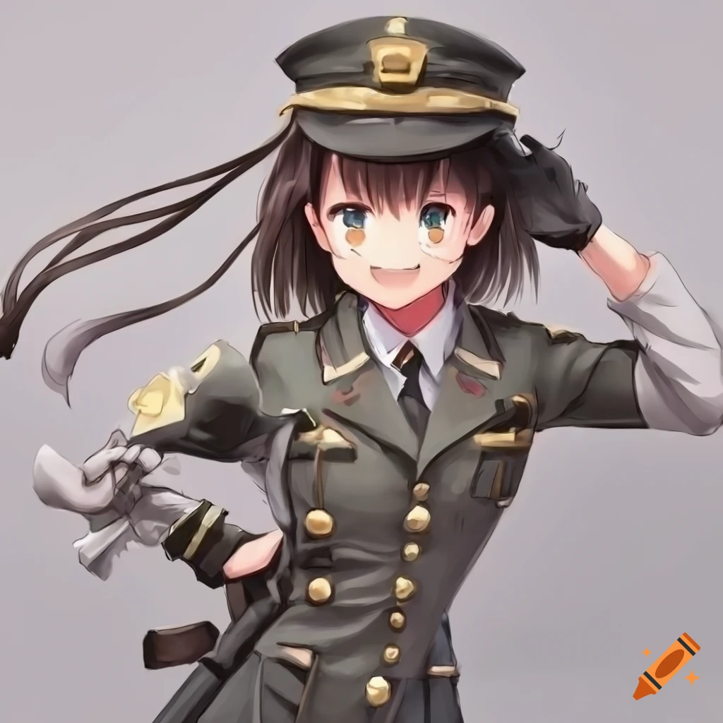 Anime girl in gray military uniform saluting on Craiyon