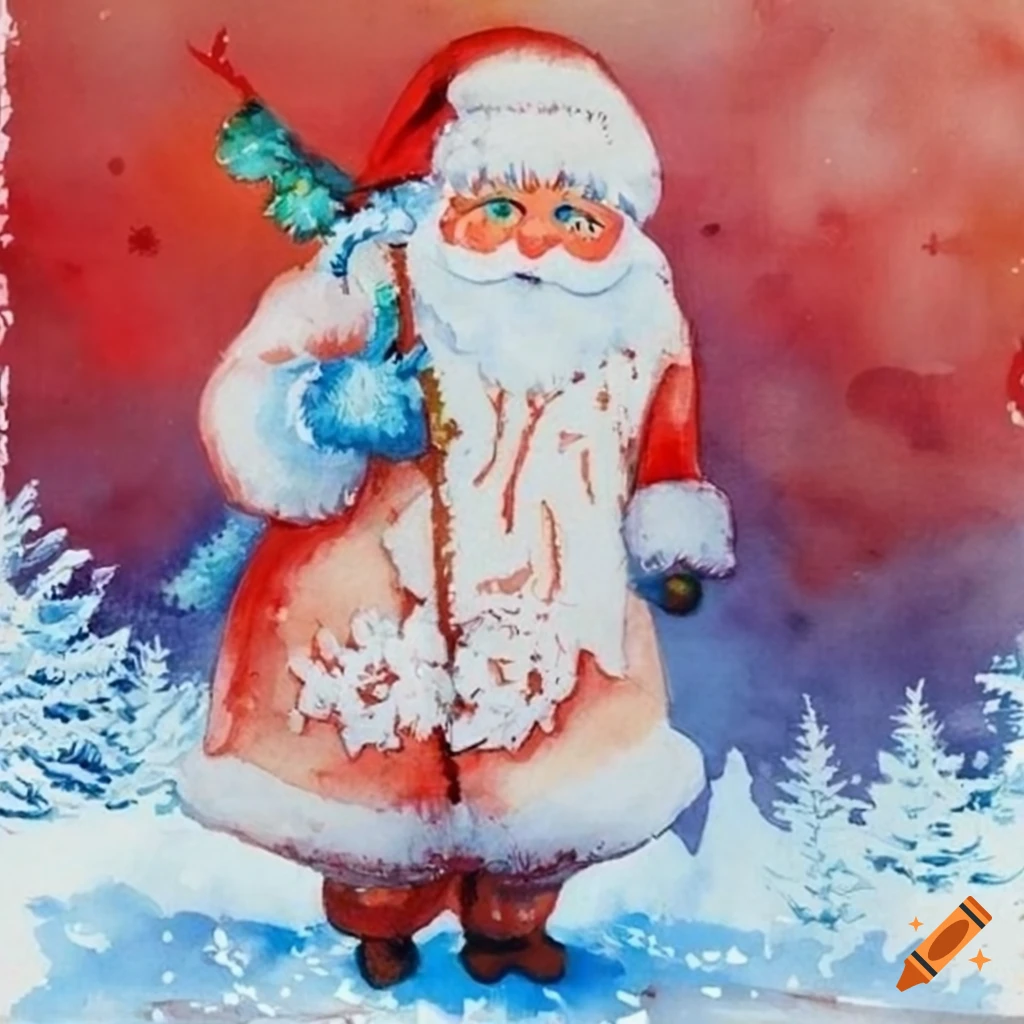 Watercolor christmas card with soviet style father frost on Craiyon