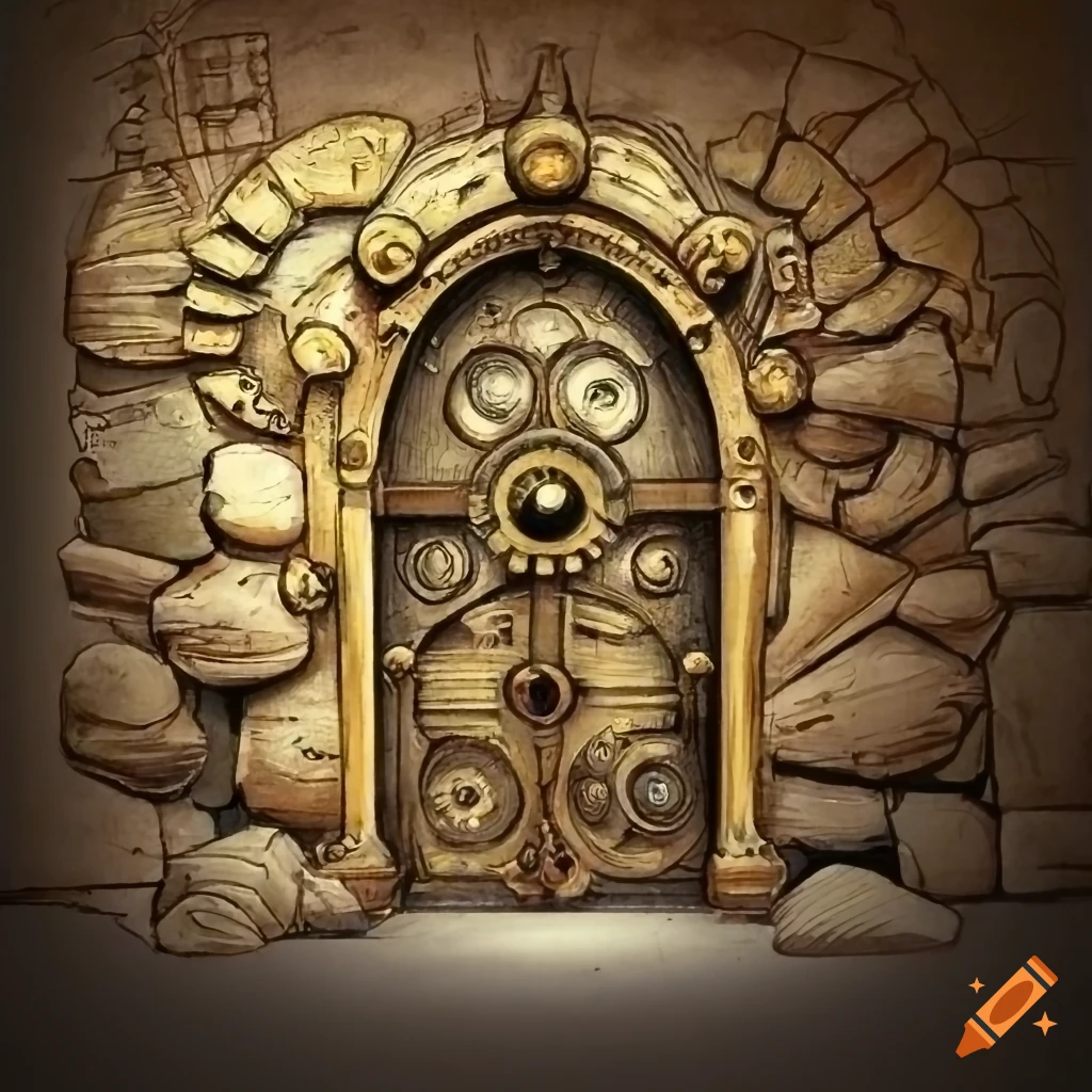 Sketch of a brass clockwork door with astrological symbols