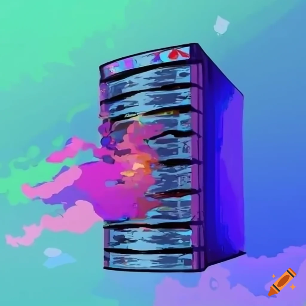 Cartoon illustration of a flying disintegrating supercomputer on Craiyon