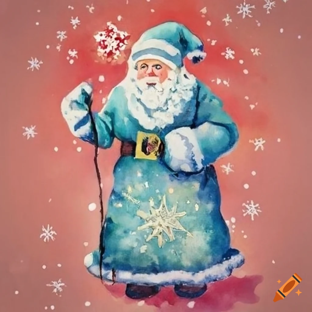 Happy russian father christmas in a highly detailed watercolor painting ...