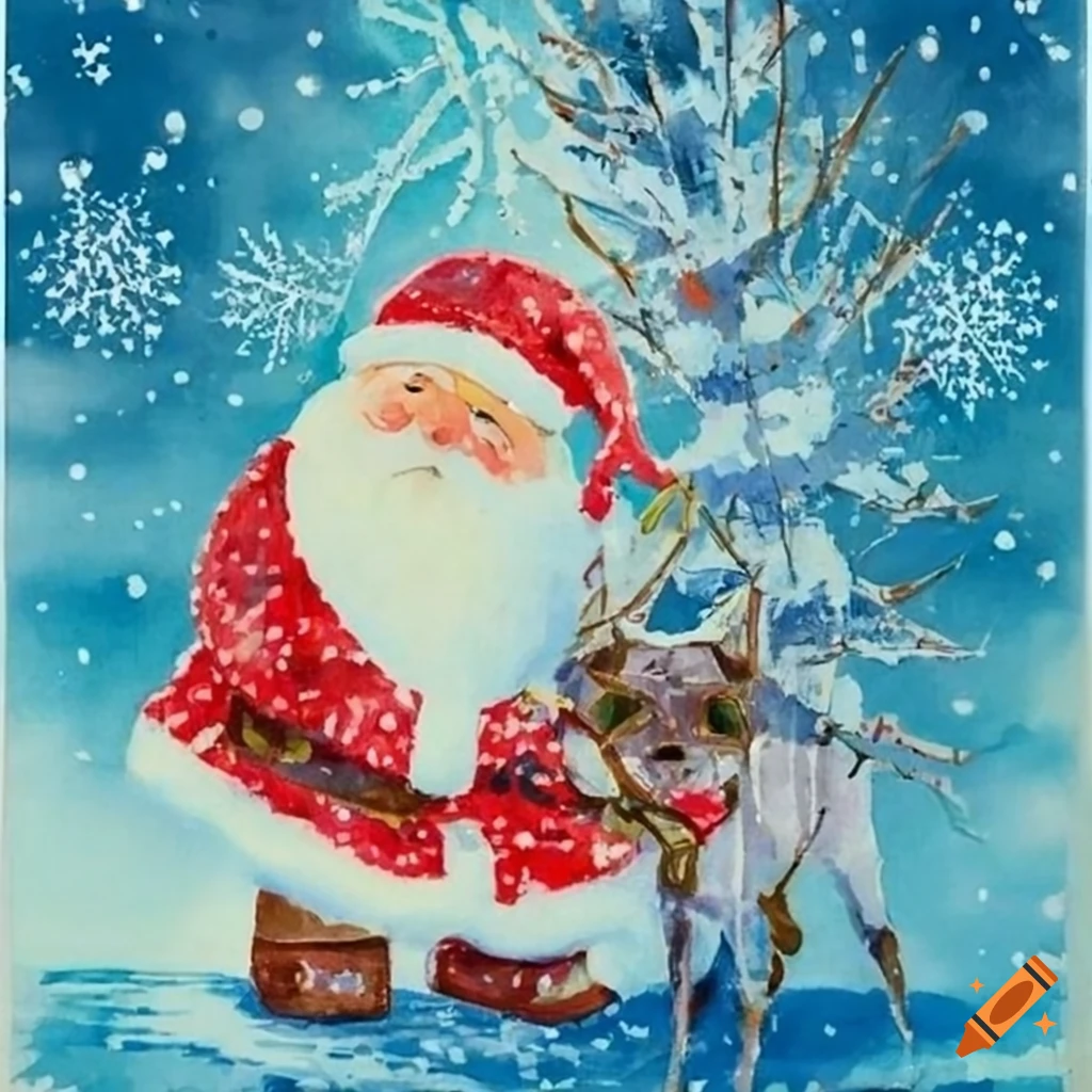 Watercolor christmas card with soviet style father frost