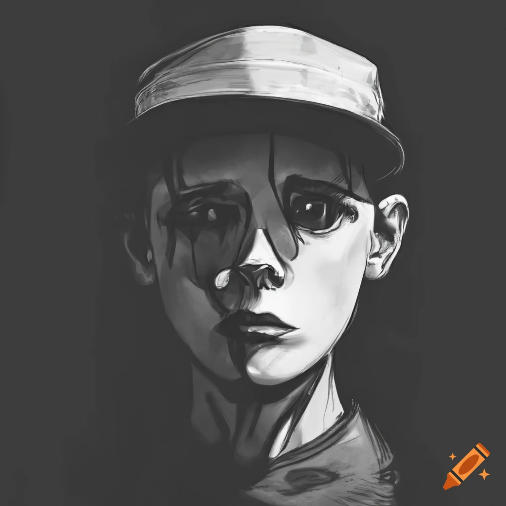 Monochrome ink drawing of a shady stranger at a bus station