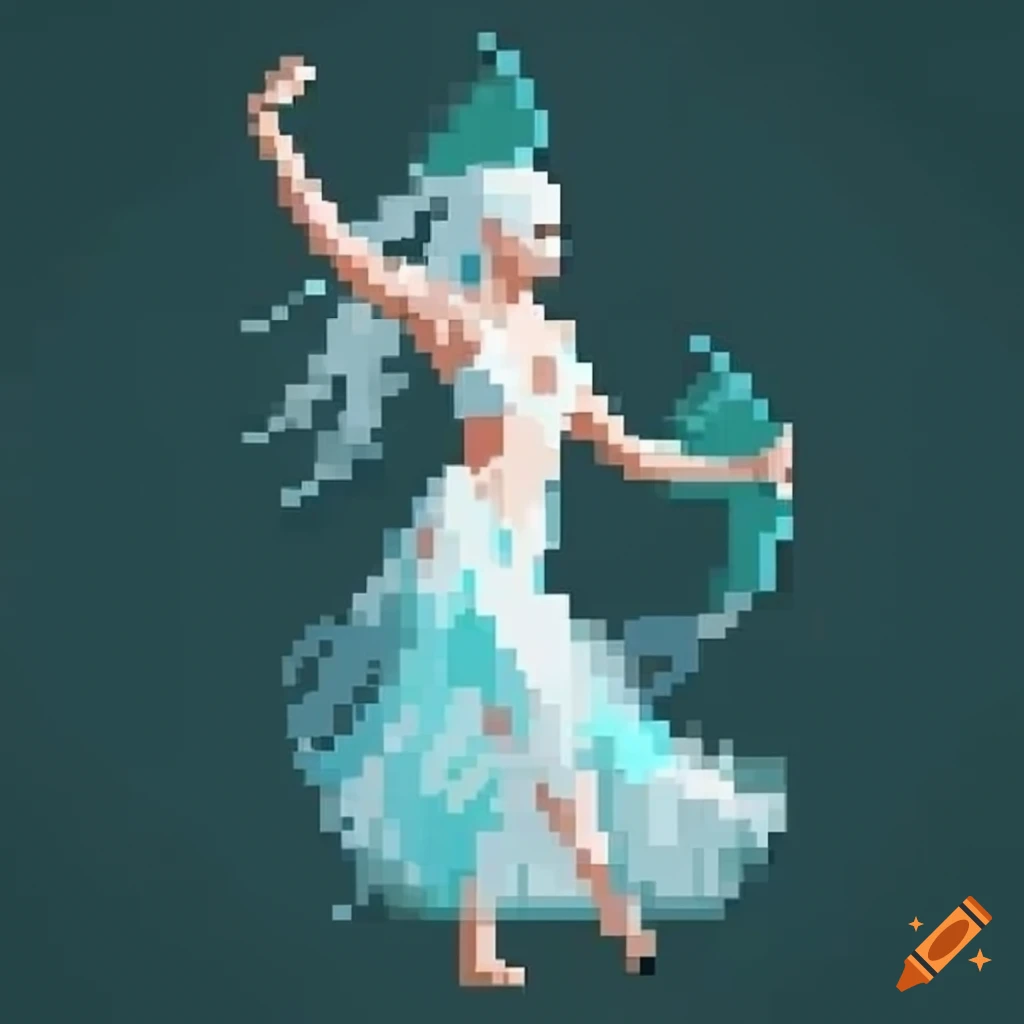 Pixel art of a white-haired green-eyed fantasy dancer on Craiyon