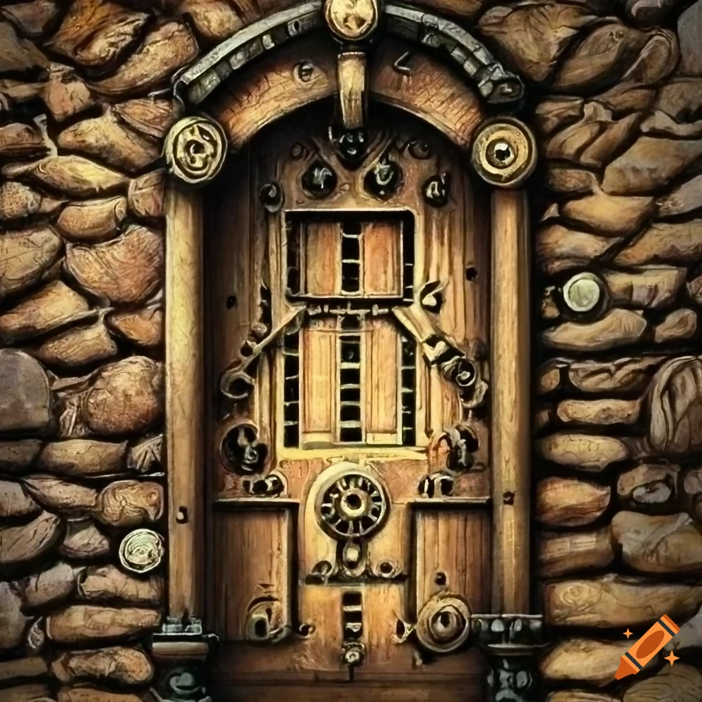 Sketch of a brass clockwork door with astrological symbols on Craiyon