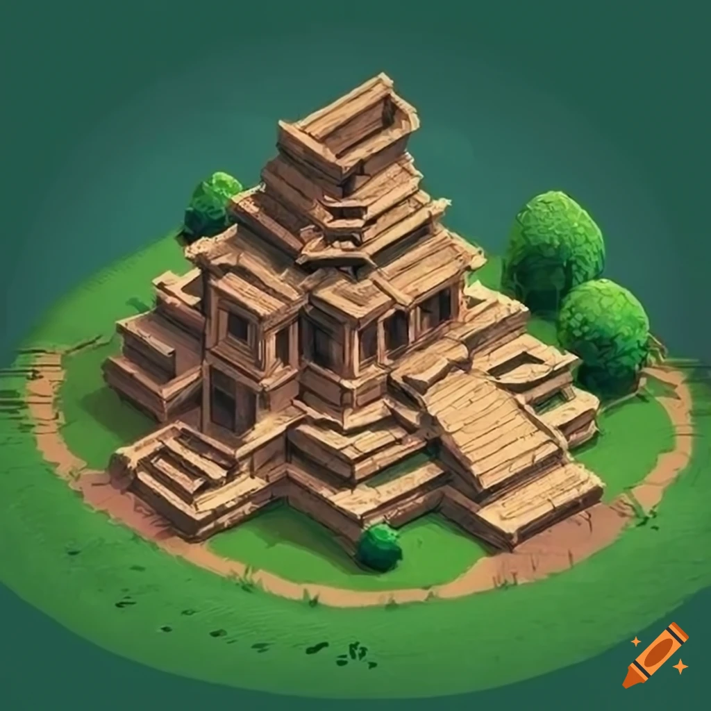 Sculpted ancient temple surrounded by grass on Craiyon