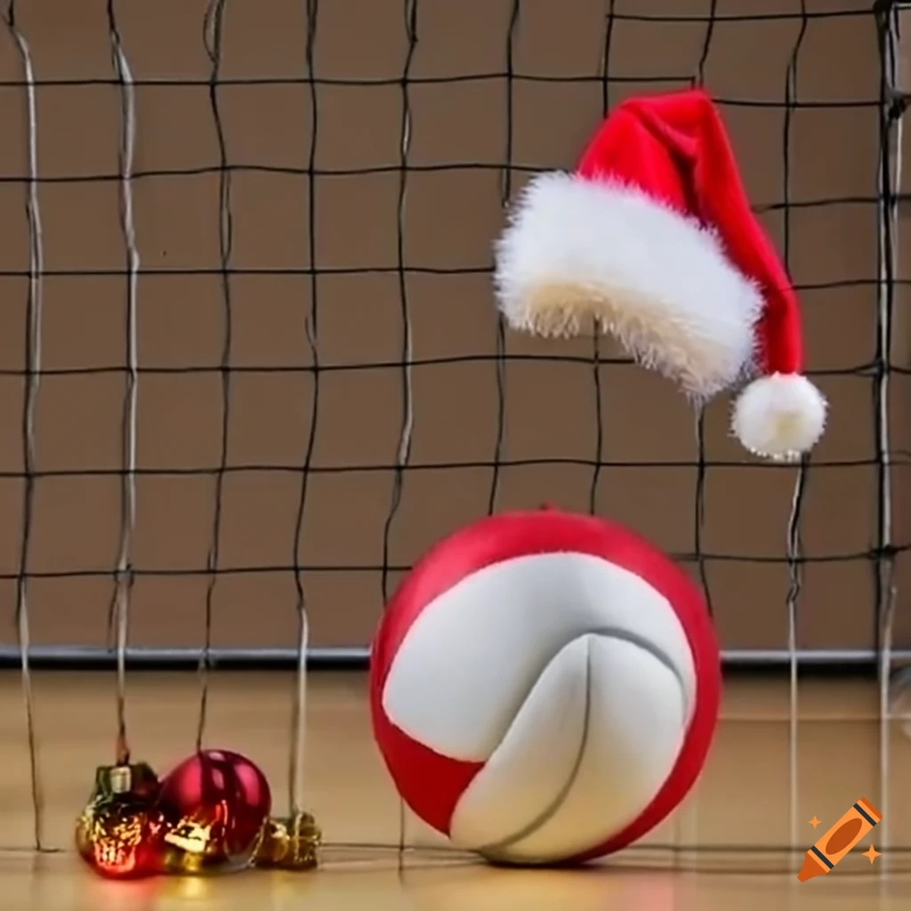 Volleyball with santa hat and christmas ornaments