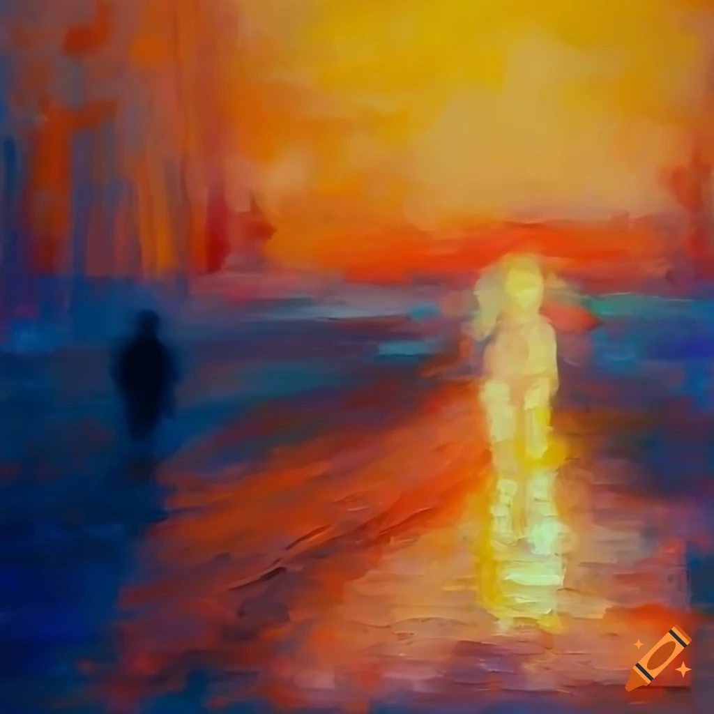 Blurred impressionist painting of sunset with two figures on Craiyon