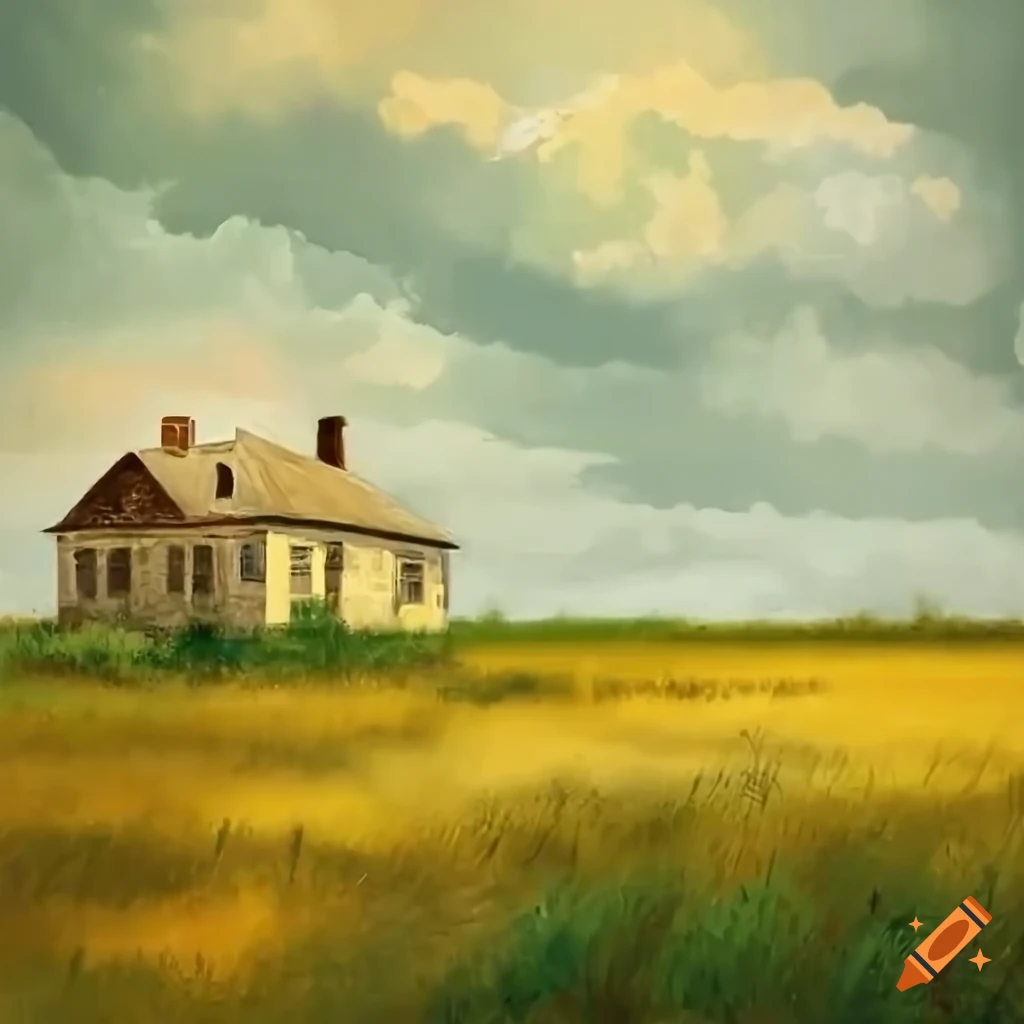 Realistic painting of a prairie with tall grass and an old country ...