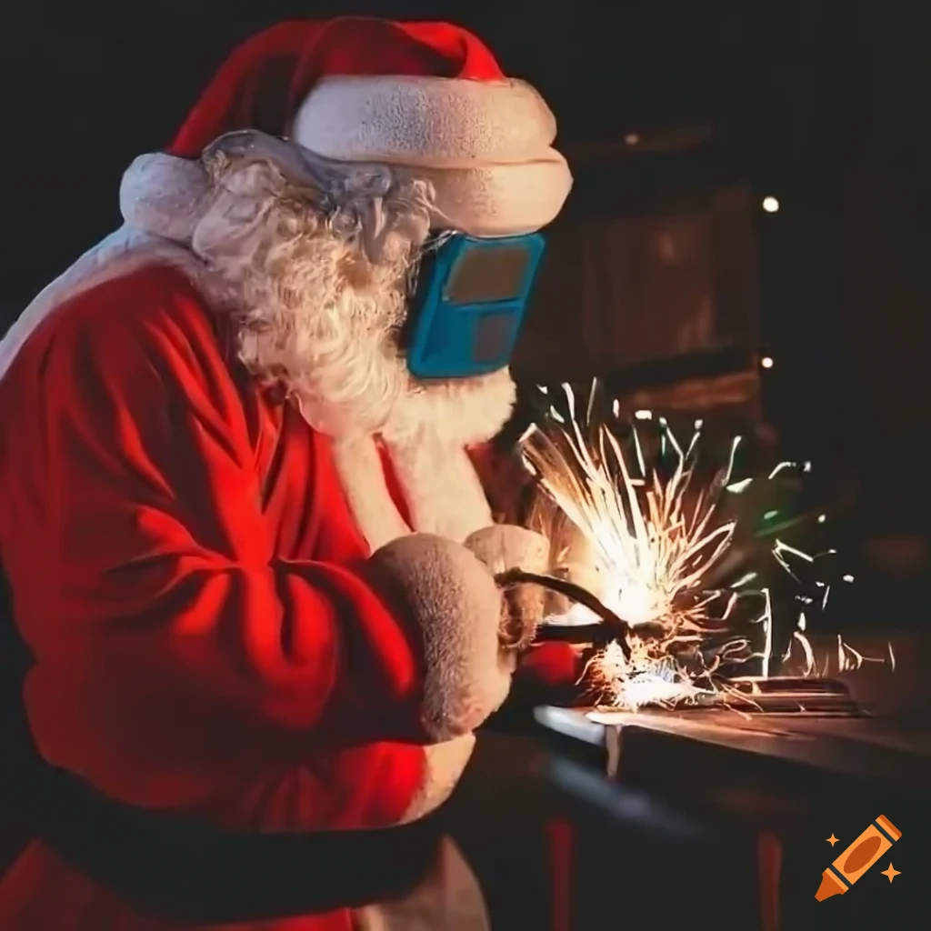 Santa Claus welding a metallic Christmas tree on Craiyon