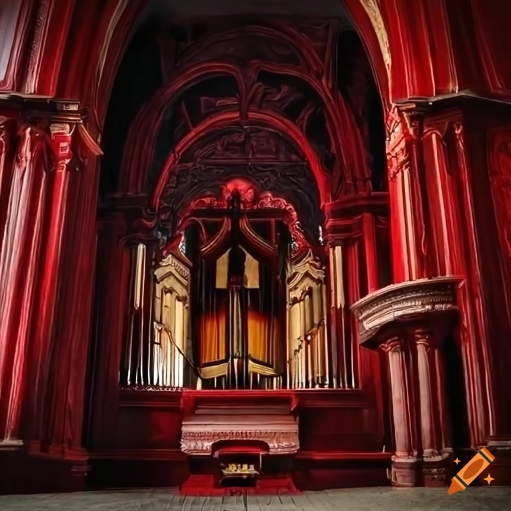 Dark red castle interior with giant piano organ
