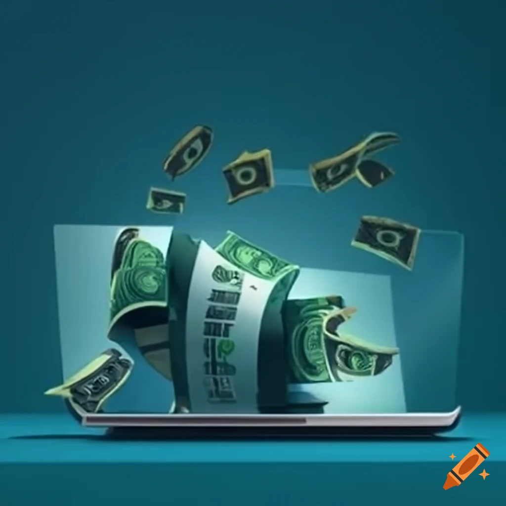 Dynamic image of money flowing from a computer on Craiyon