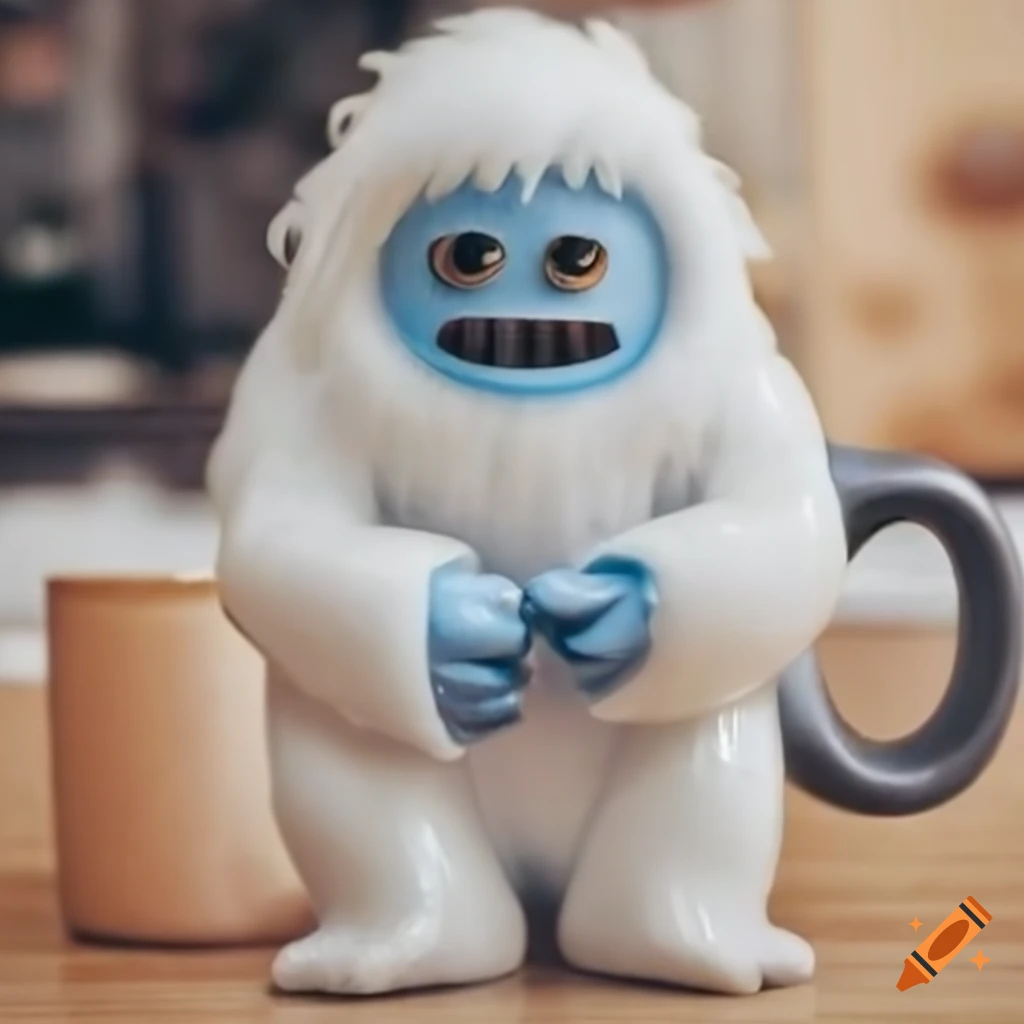 Illustration of a miniature yeti in a coffee mug
