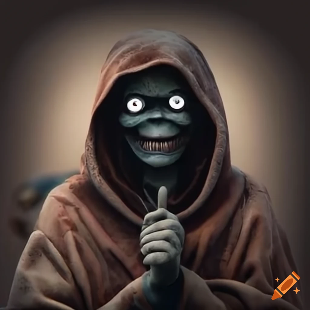 Image of a mysterious puppet with a cryptic sign