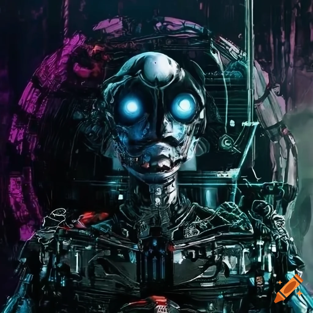 Album cover art of an alien night club with cyborgs and robots