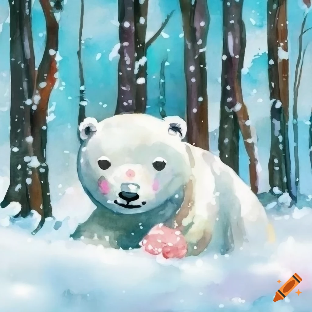 Watercolor christmas card of a cute polar bear in winter forest on Craiyon