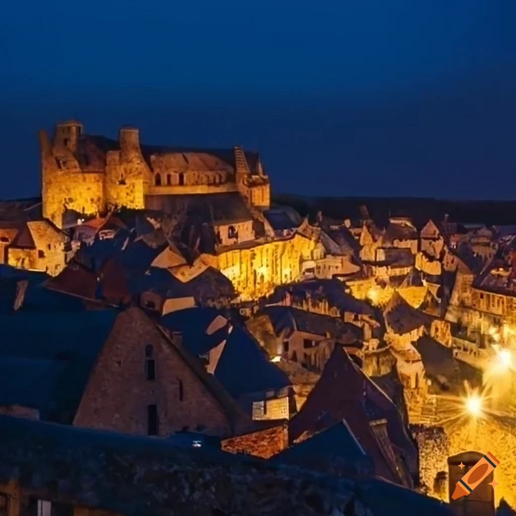 Medieval town at night on Craiyon