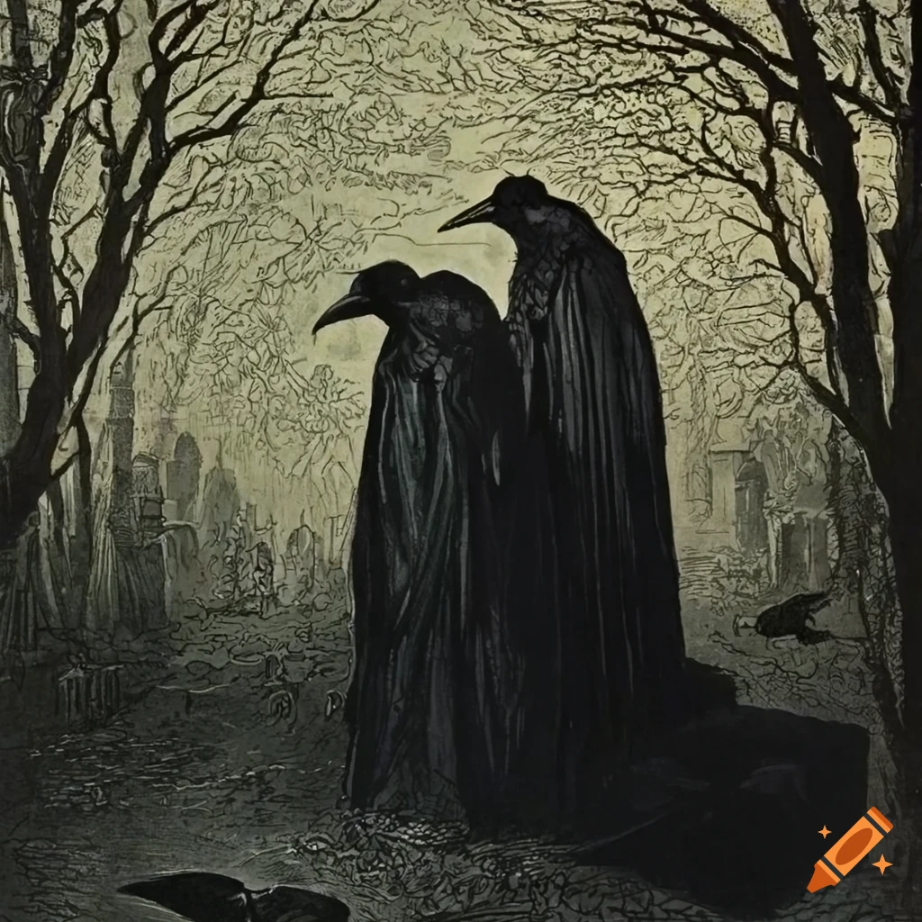 Crows in a cemetery, gustave doré style on Craiyon