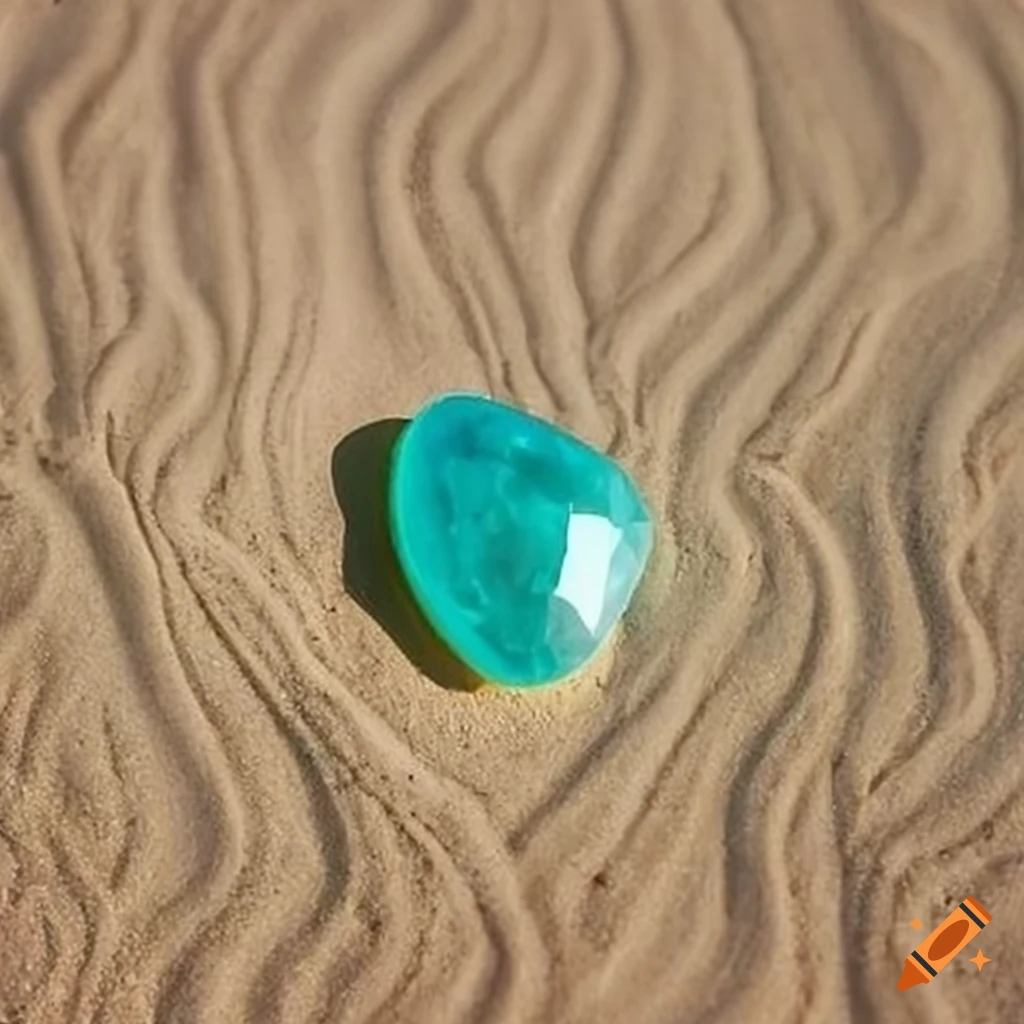 Shining aqua gemstone on sandy beach