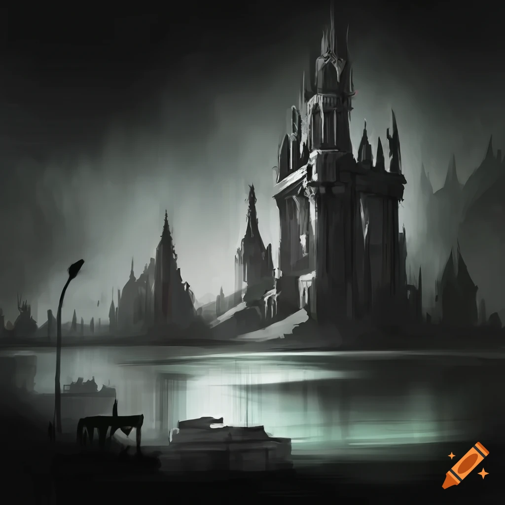 Black and white concept art of a palace gate in a landscape on Craiyon