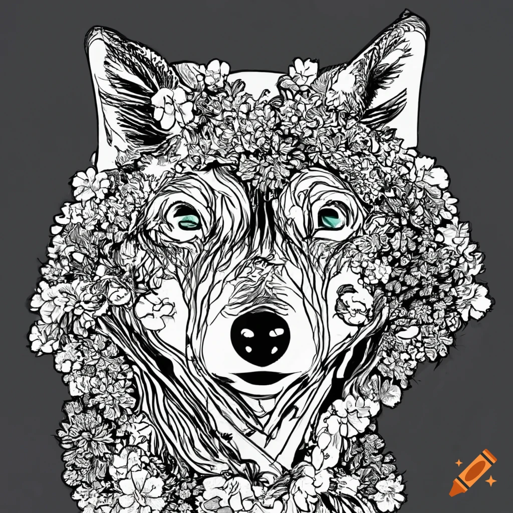 Line drawing of a wolf dog morphing into blossom tree branches on Craiyon