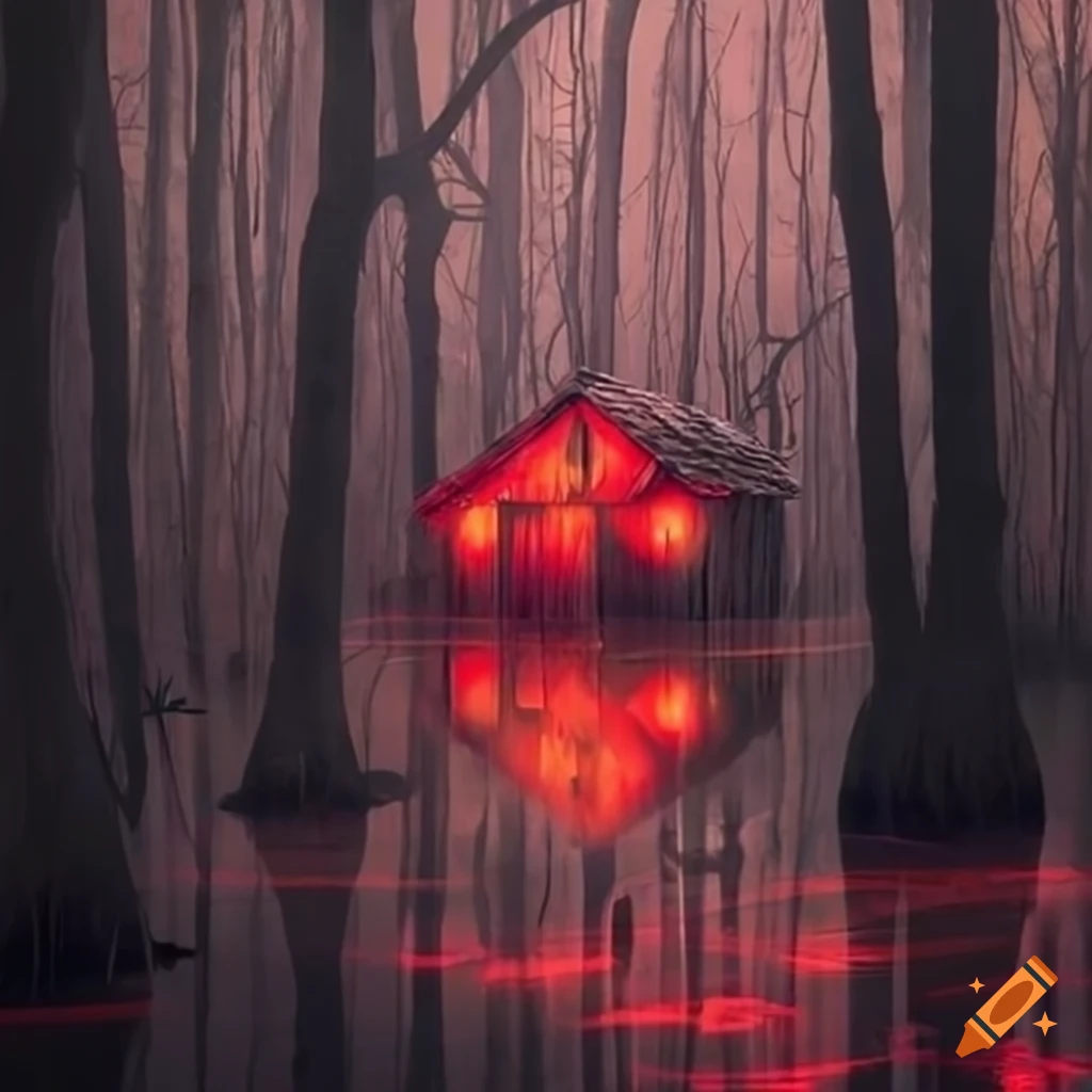 1807 collapsed cabin in the swamp at night in winter firelight inside ...