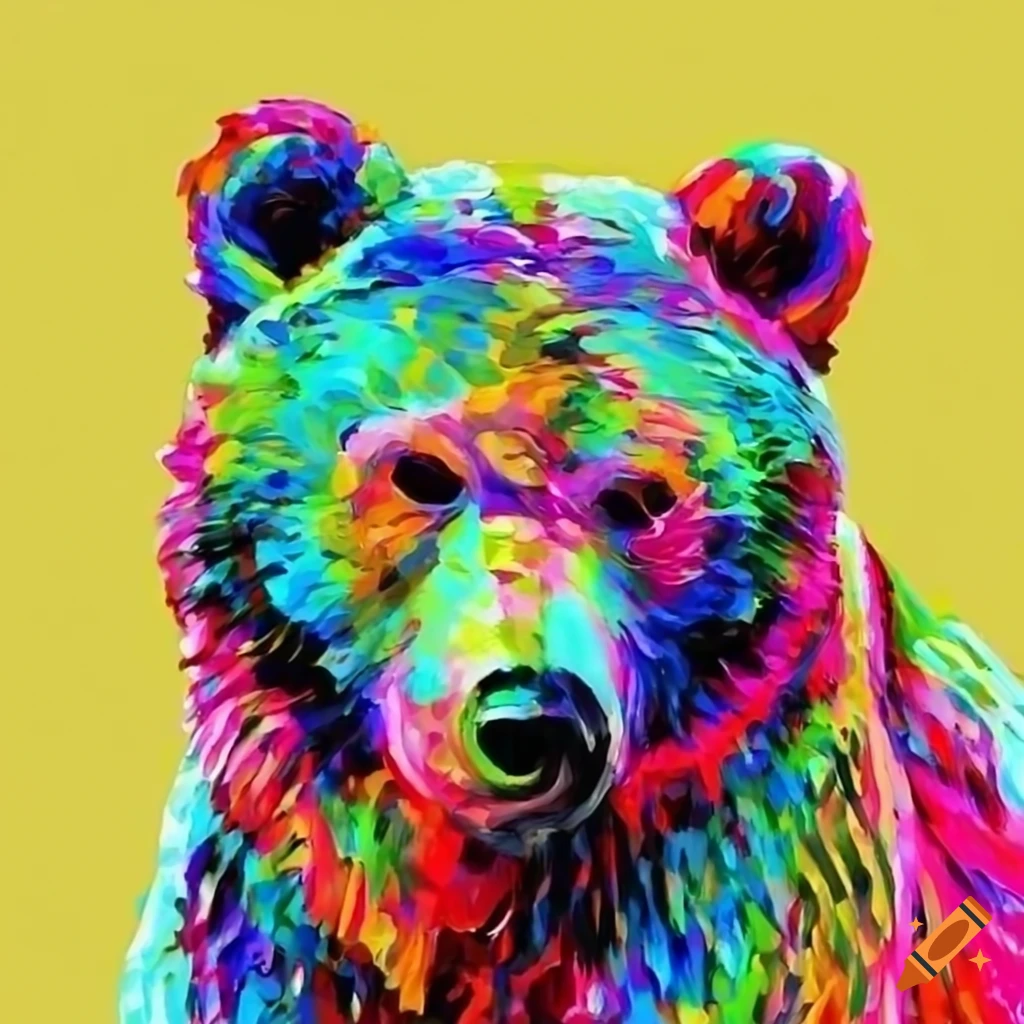 Colorful portrait painting of a bear