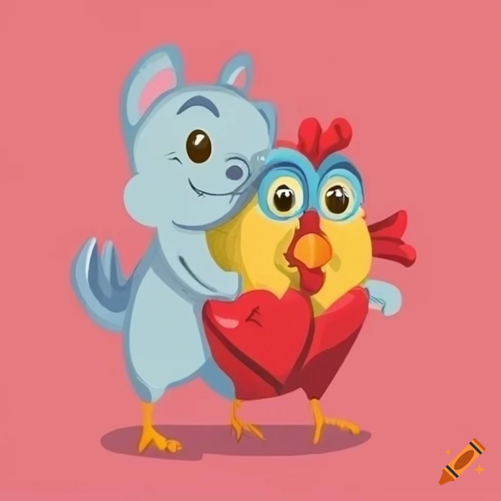 Cartoon of chicken and mouse in love holding hands