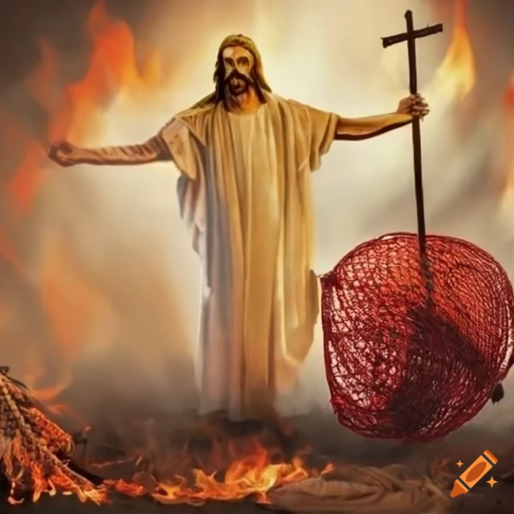 Symbolic image of Jesus Christ with Denmark flag and objects in flames ...