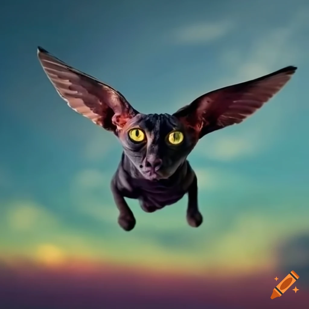 Image of a flying black sphinx cat on Craiyon