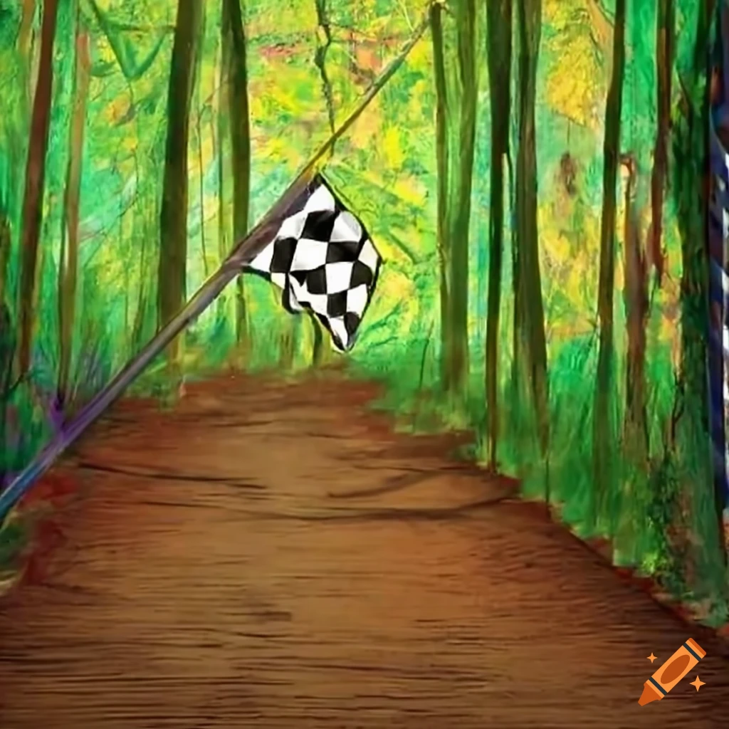 Checkered flag on a forest path