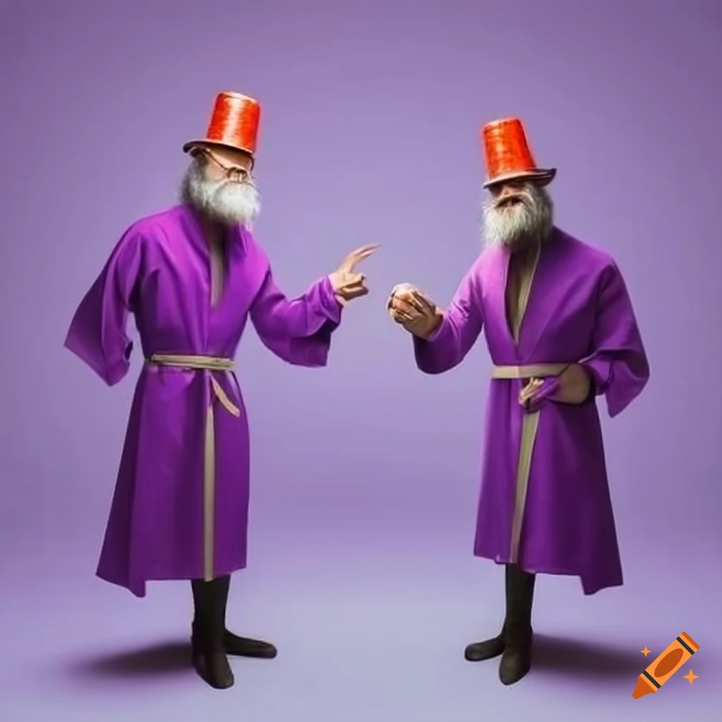 Two men in purple robes pointing at each other