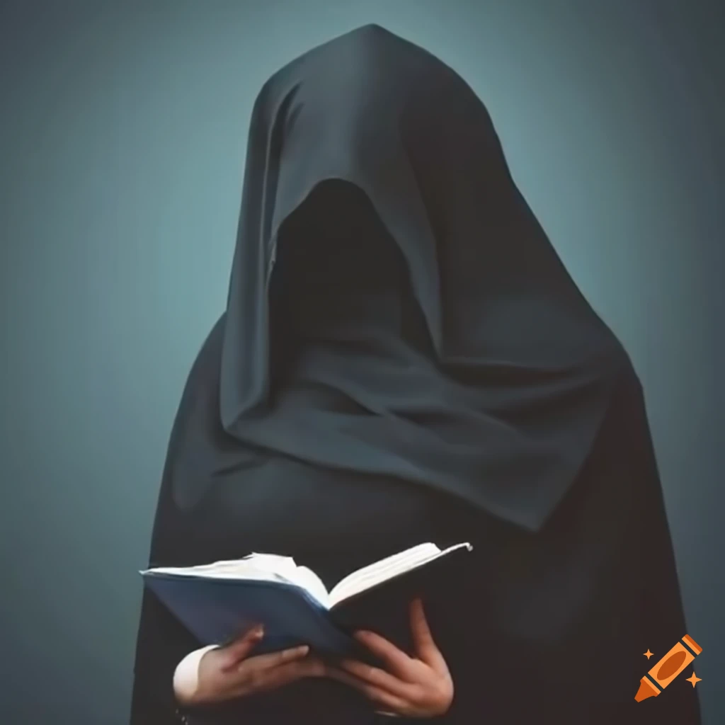 Woman in black islamic cloak reading books