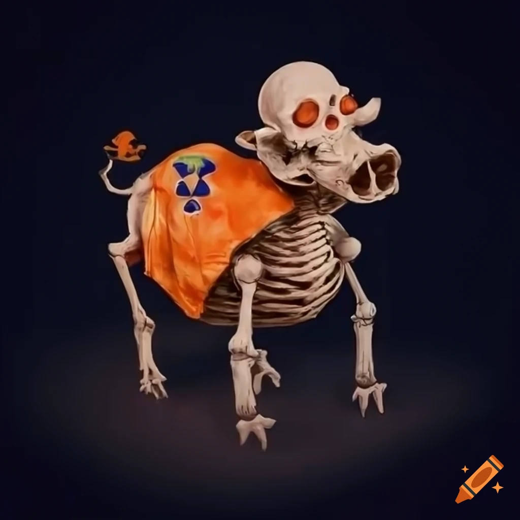 Illustration of a skeleton riding a pig in a clown costume